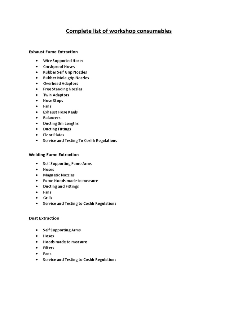 A Comprehensive List of Workshop Equipment and Consumables for Welding ...