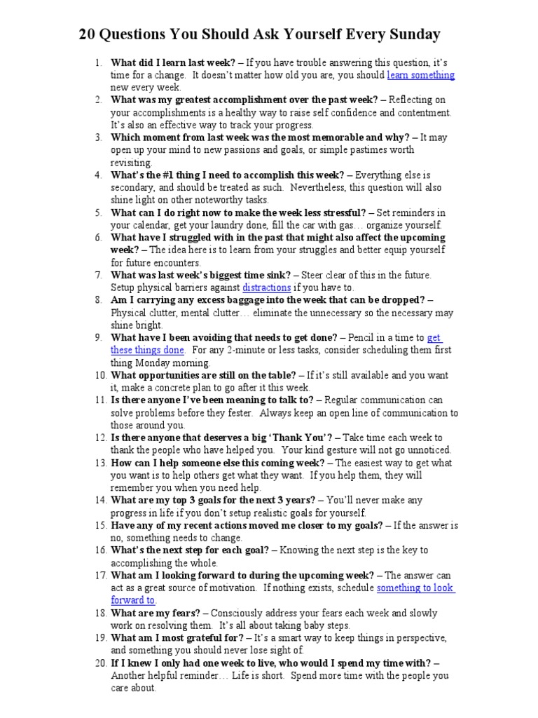 20 Questions You Should Ask Yourself Every Sunday | PDF | Metaphysics ...