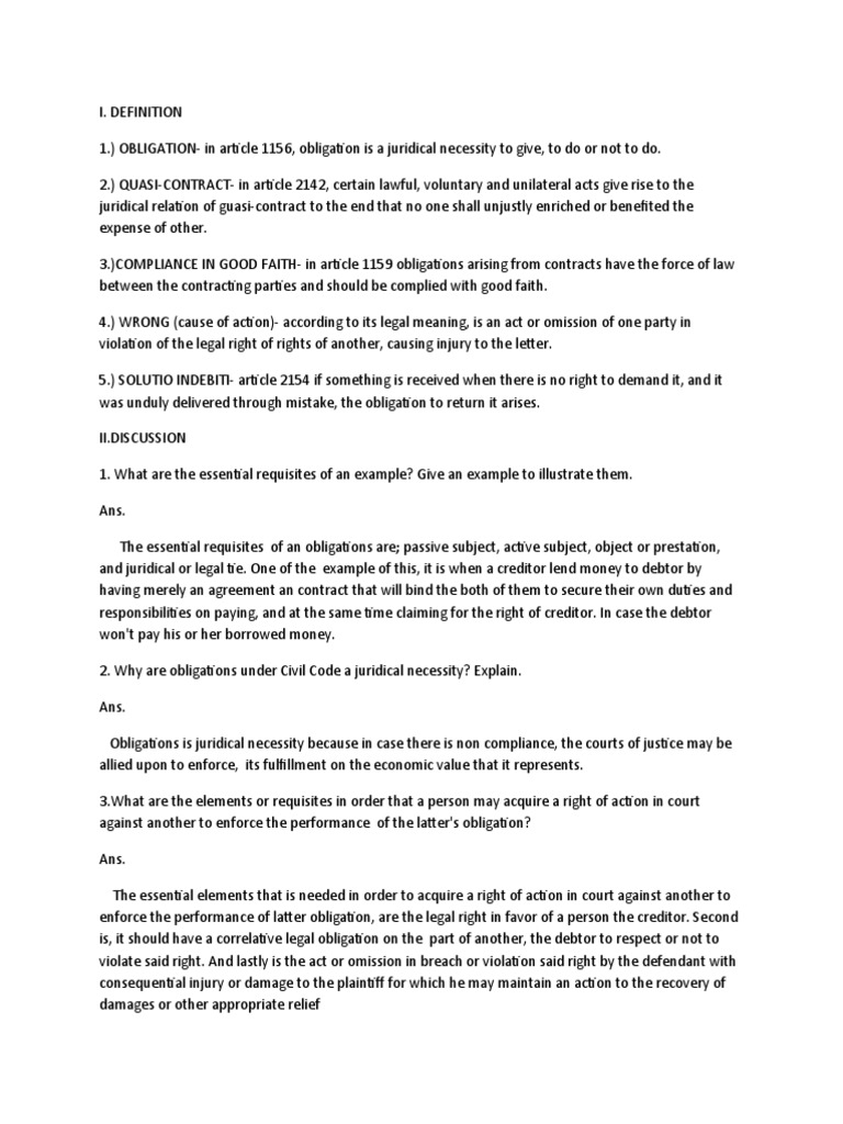 Essential elements and requisites of obligations under the Civil Code ...