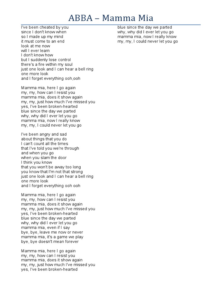 Mamma Mia Lyrics by ABBA | PDF