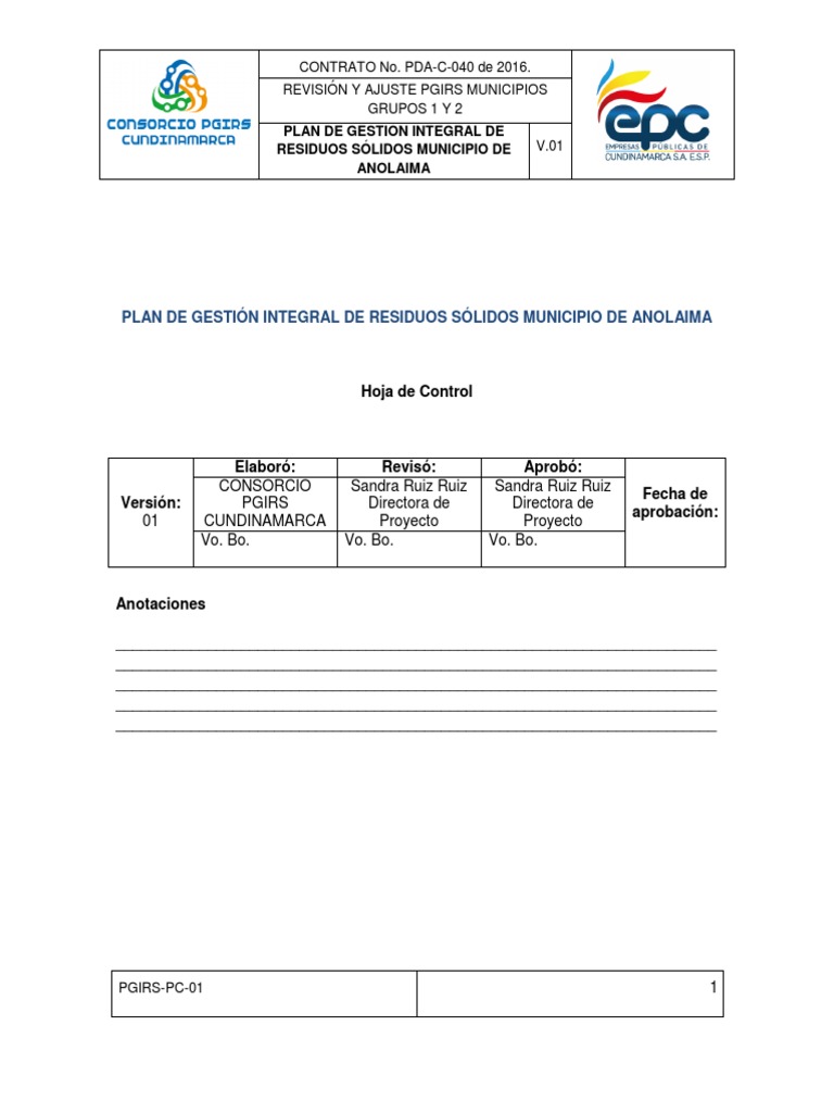 Plan de Gestion Integral de Residuos Solidos Pgirs Anolaima 2016 PDF | PDF | Residuos | Naturaleza