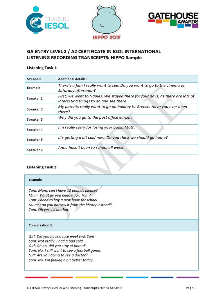 GA IESOL E2 (A2) Listening Task Transcripts HIPPO Sample PDF | PDF
