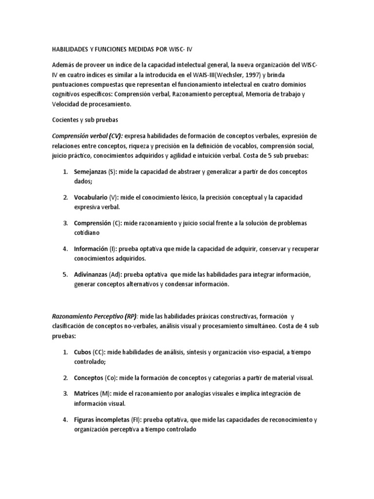 Habilidades y Funciones Medidas Por Wisc | PDF | Memoria de trabajo | Memoria