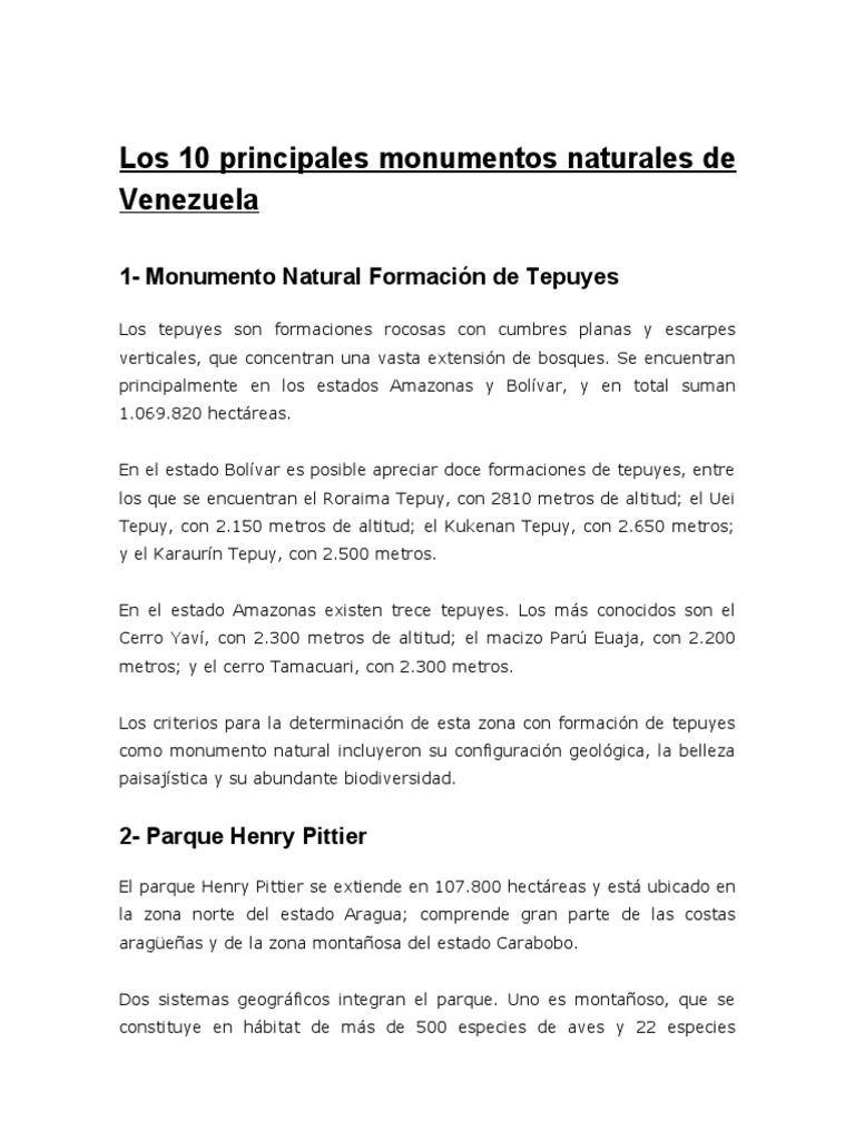 Los 10 Principales Monumentos Naturales de Venezuela | PDF | Venezuela ...