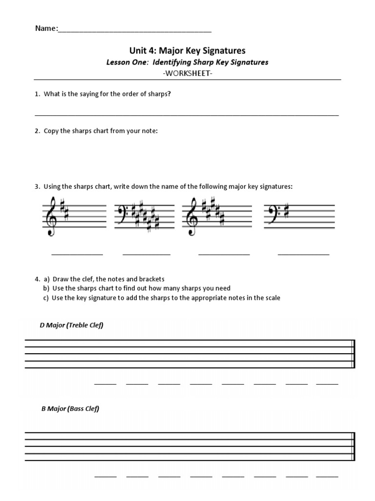 Unit 4-Lesson 1-Identifying Sharp Key Signatures Worksheet