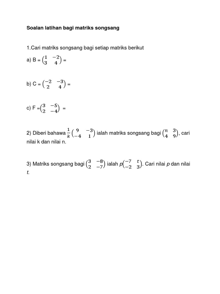 Soalan Latihan Bagi Matriks Songsang PDF | PDF