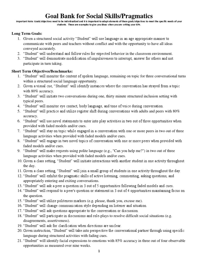 Goal Bank For Social Skills and Pragmatics | PDF | Conversation ...
