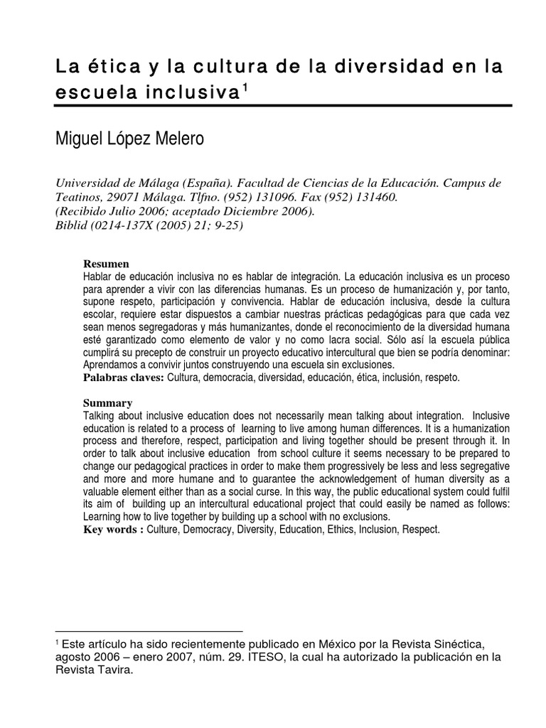 La Ética y La Cultura de La Diversidad en La Escuela Inclusiva. Miguel ...