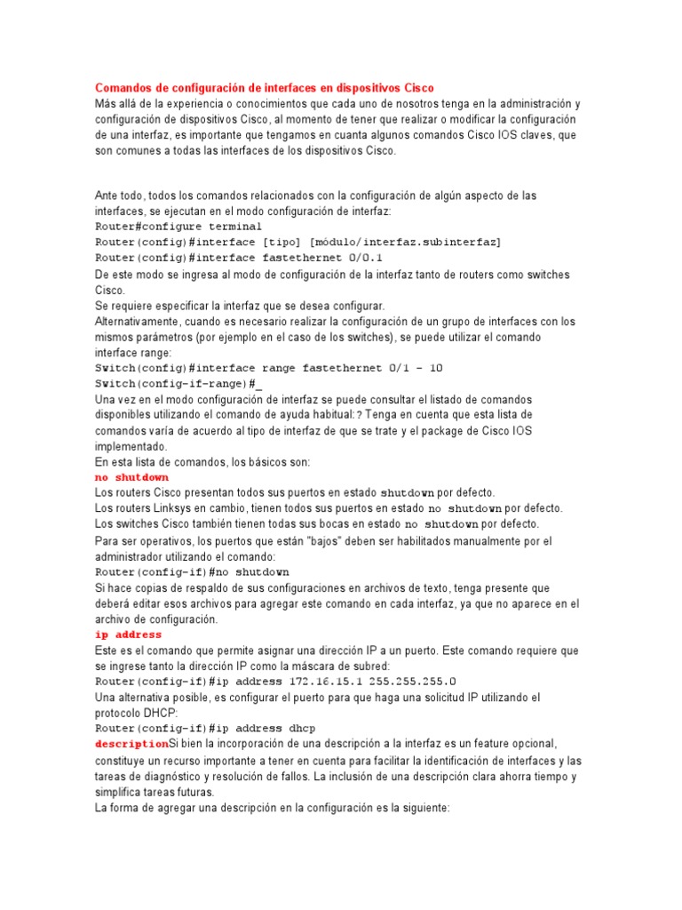 Comandos de Configuración de Interfaces en Dispositivos Cisco | PDF ...