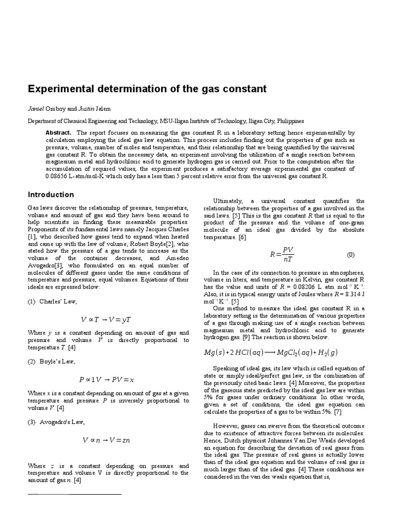 Experimental Determination of the Gas Constant and Evaluation of the ...