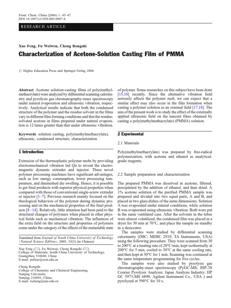 Characterization of Acetone-Solution Casting Film of PMMA | PDF ...