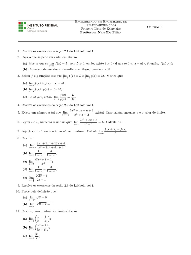 Lista de Exercícios Cálculo 1 | PDF | Limite (Matemática) | Relações ...