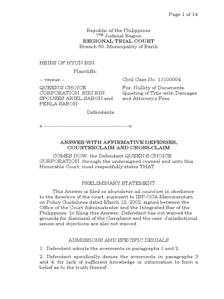 SO Answer With Counterclaim and Cross Claim | PDF | Laches (Equity ...