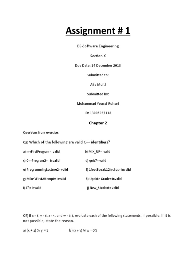 Assignment # 1: BS-Software Engineering Section X | PDF | Integer (Computer Science) | C++