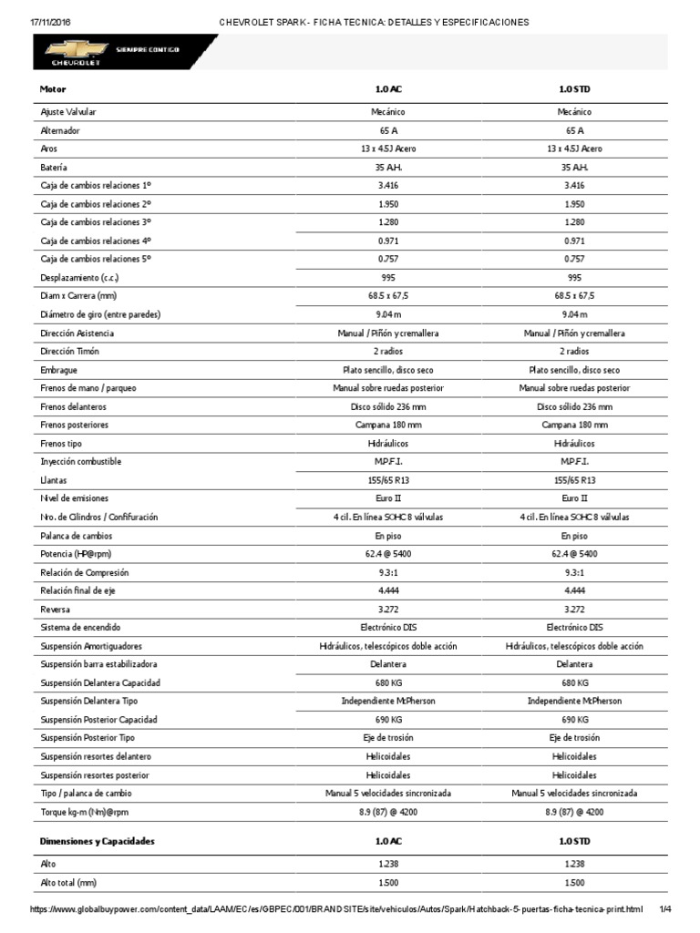 Chevrolet Spark - Ficha Tecnica - Detalles y Especificaciones | PDF ...