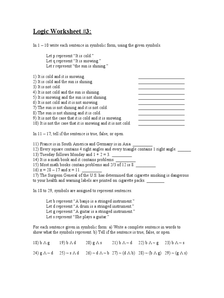 Logic Worksheet 3 | PDF | Logic | Cognitive Science
