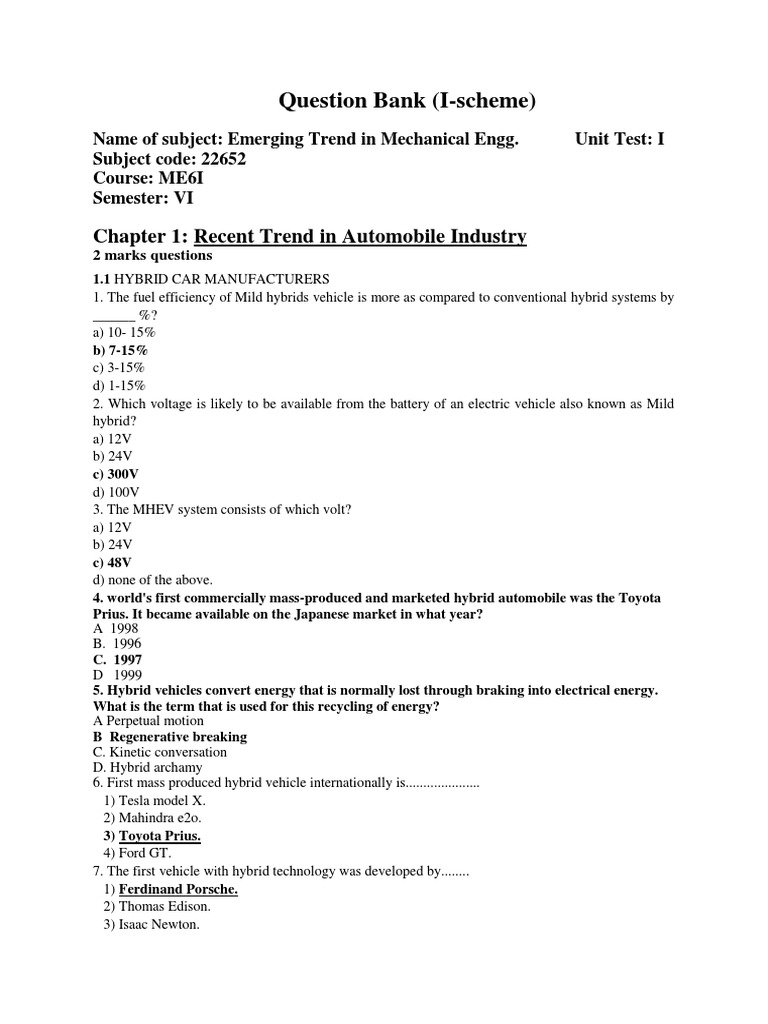 Question Bank (I-Scheme) : Chapter 1: Recent Trend in Automobile ...