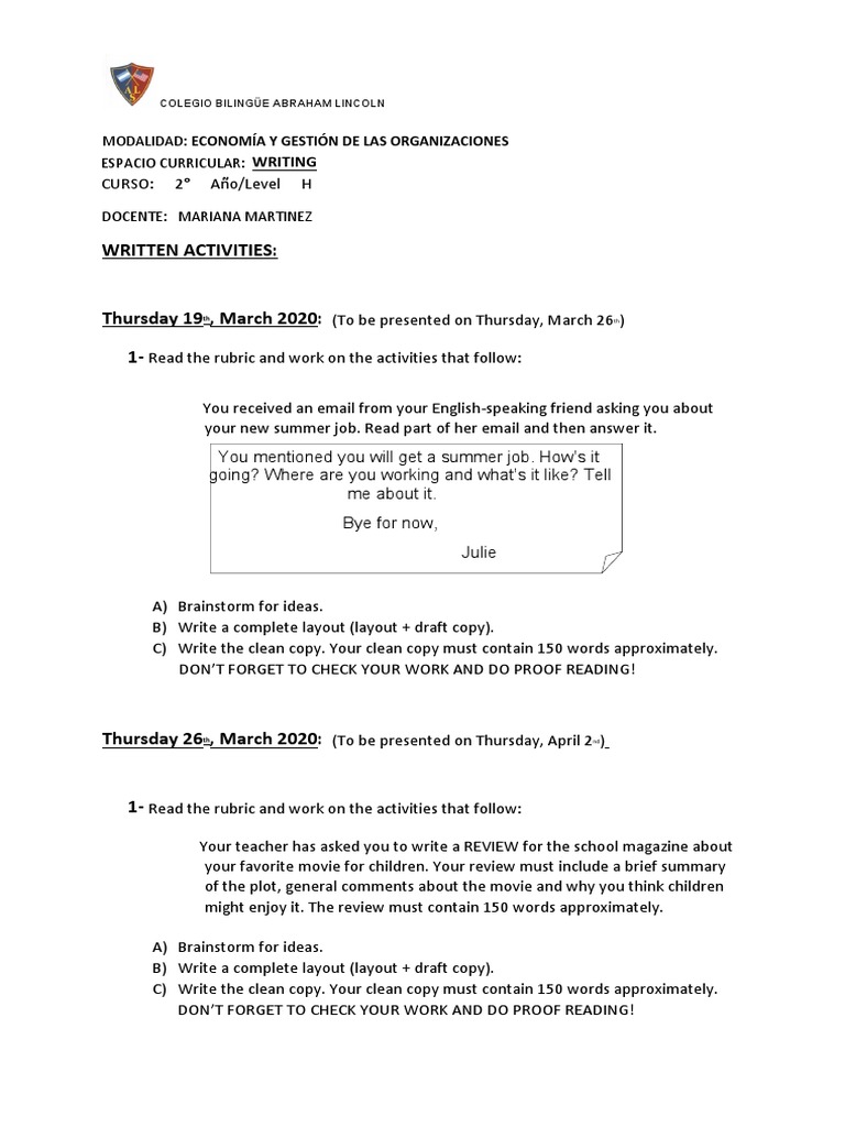 Written Activities:: Writing | PDF