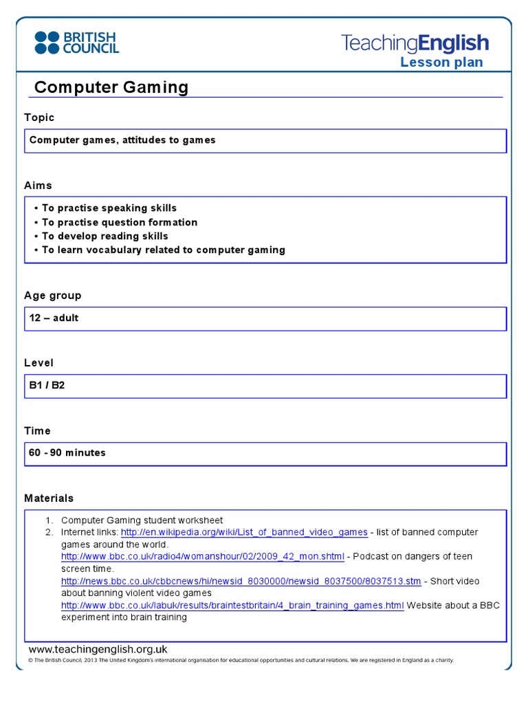 Computer Gaming Lesson Plan | PDF | Question | Video Games