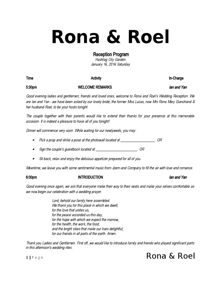 Reception Program Script - Rona Roel | PDF | Wedding | Rituals