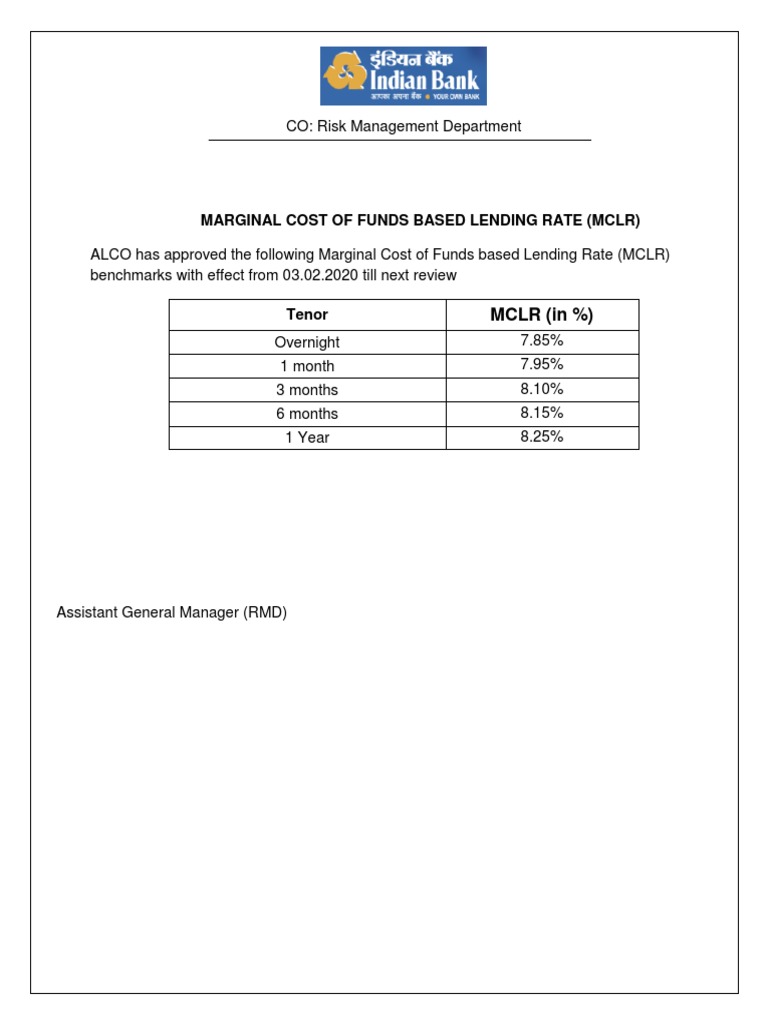 Marginal Cost of Funds Based Lending Rate (MCLR) | PDF