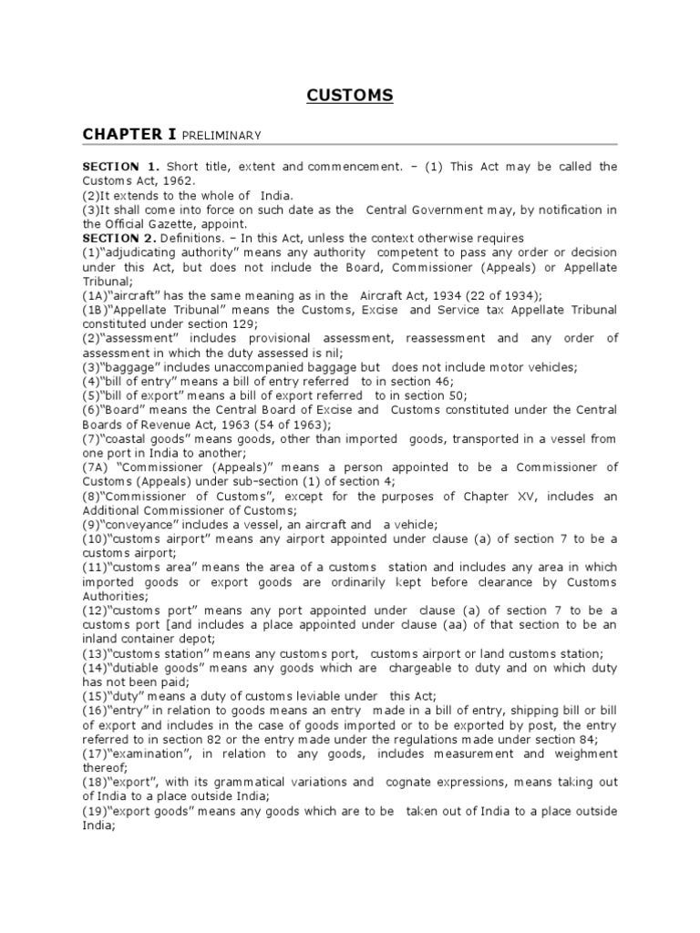 Customs: SECTION 1. Short Title, Extent and Commencement. - (1) This ...