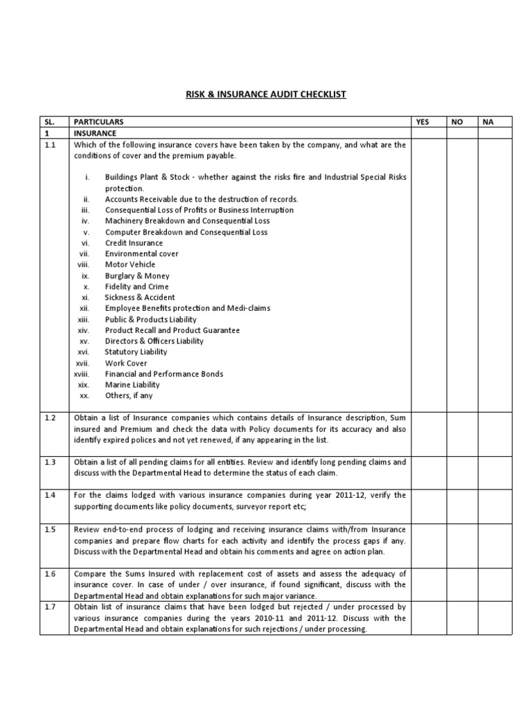 Risk Insurance Audit Checklist | PDF | Liability Insurance | Insurance