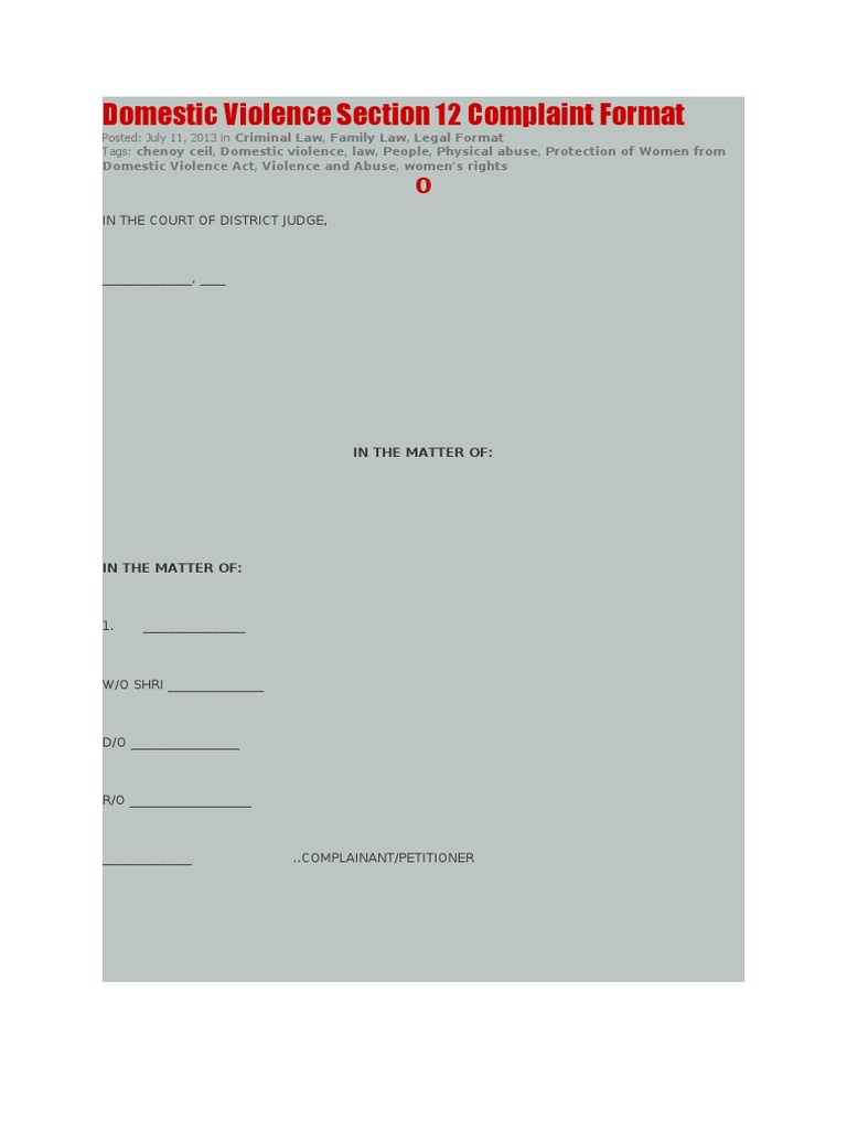 Domestic Violence Section 12 Complaint | PDF | Domestic Violence | Justice