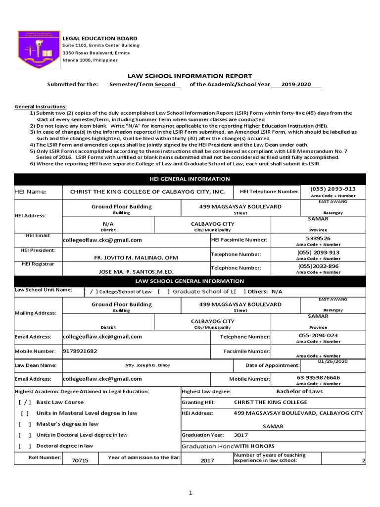 LSIR-Form1 First SEM - SY 2019-2020.xslx | PDF | Juris Doctor ...