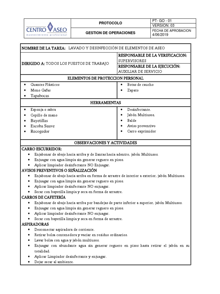 Protocolo para Limpieza y Desinfección de Elementos de Aseo | PDF | Jabón | Agua