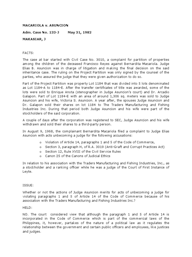 Macariola V. Asuncion Adm. Case No. 133-J May 31, 1982 Makasiar, J ...
