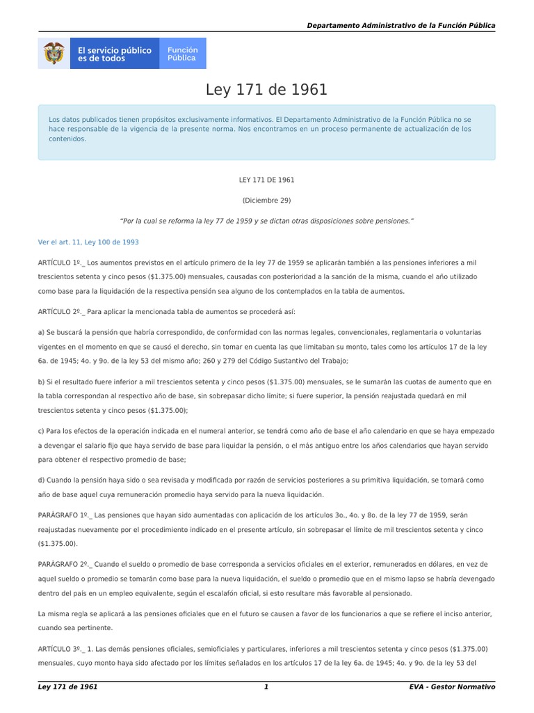 Ley 171 de 1961 PDF | PDF | Pensión | Jubilación