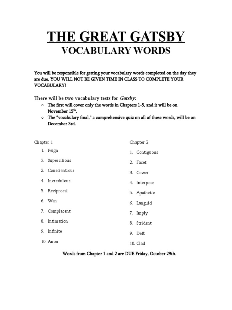 The Great Gatsby Vocabulary Words | PDF