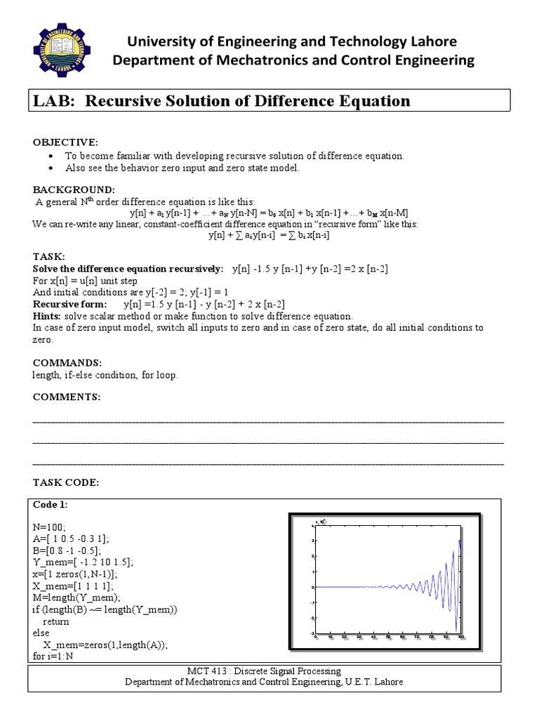 LAB: Recursive Solution of Difference Equation | PDF | Recurrence Relation | Mathematical Objects