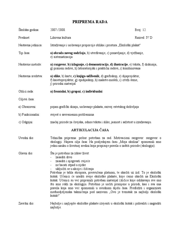 Priprema Rada: Artikulacija Časa | PDF