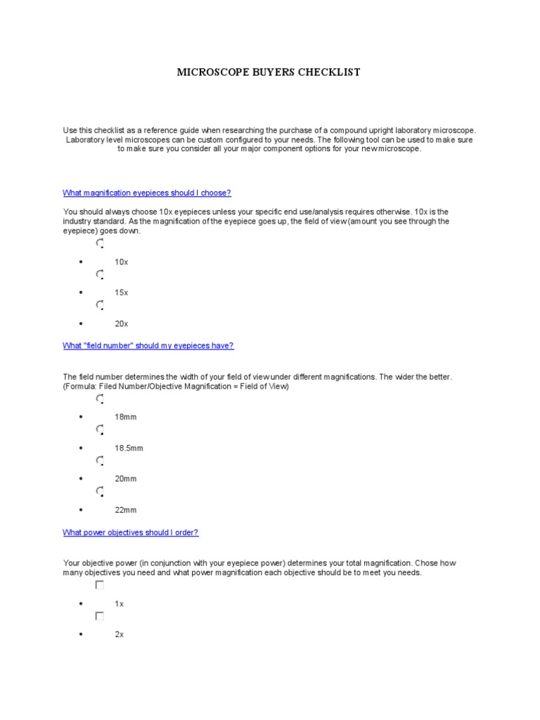 Microscope Buyers Checklist | PDF | Microscopy | Microscope