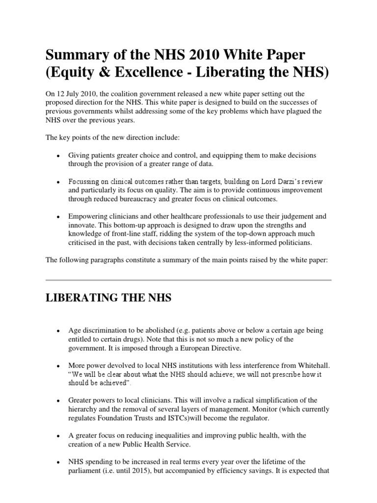 Summary of the NHS White Paper 2010 | General Practitioner | Health Care