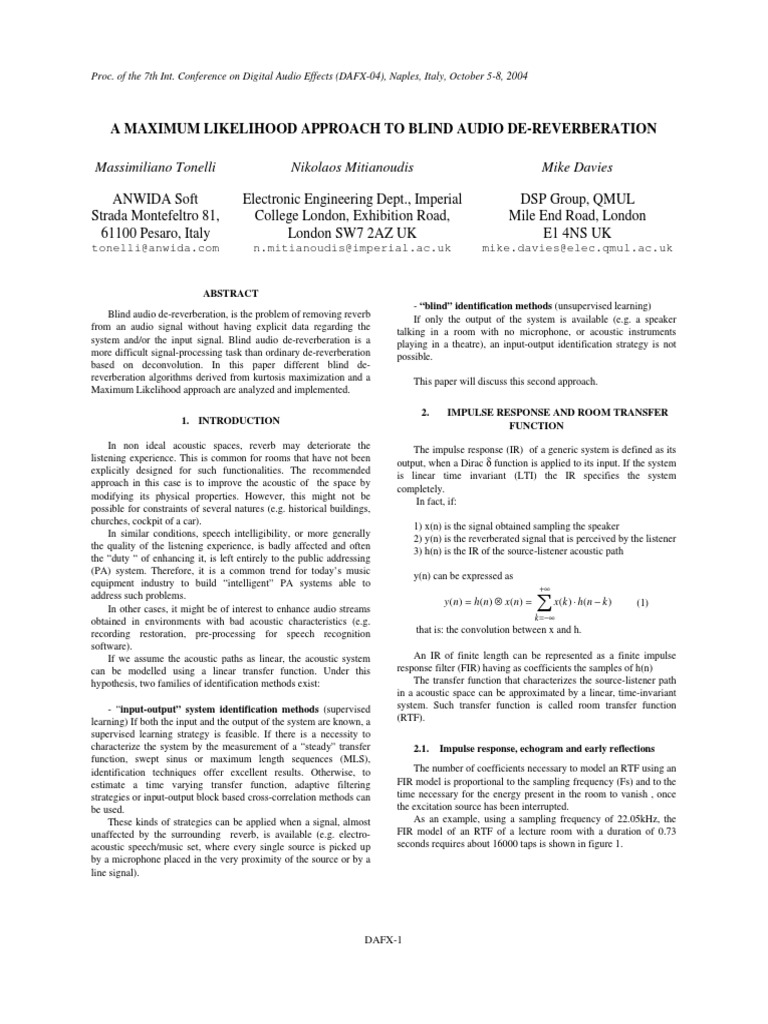 A Maximum Likelihood Approach To Blind Audio De-Reverberation | Download Free PDF | Filter ...