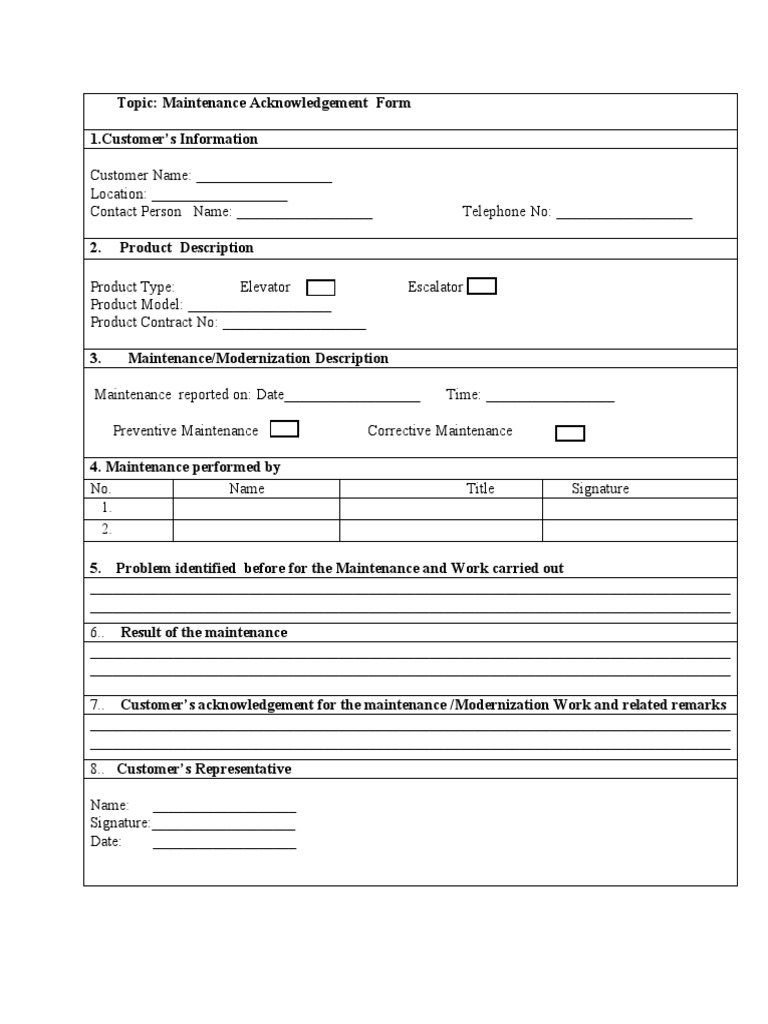 Topic: Maintenance Acknowledgement Form 1.customer's Information | PDF