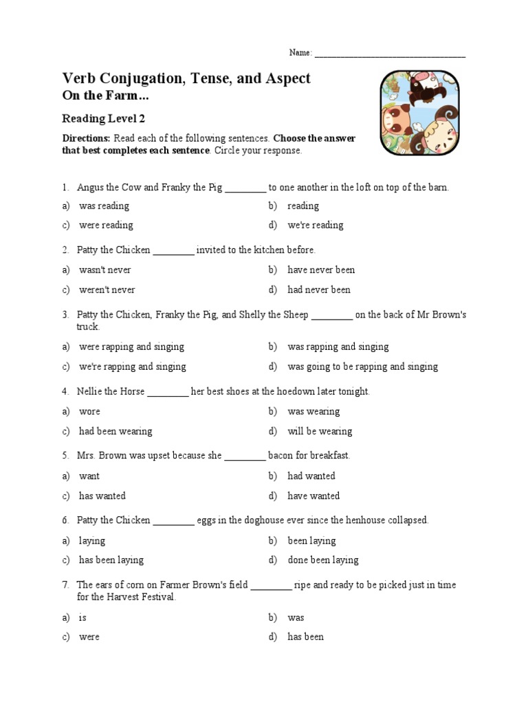 Verb Conjugation Tense and Aspect Worksheet Reading Level 02 | PDF