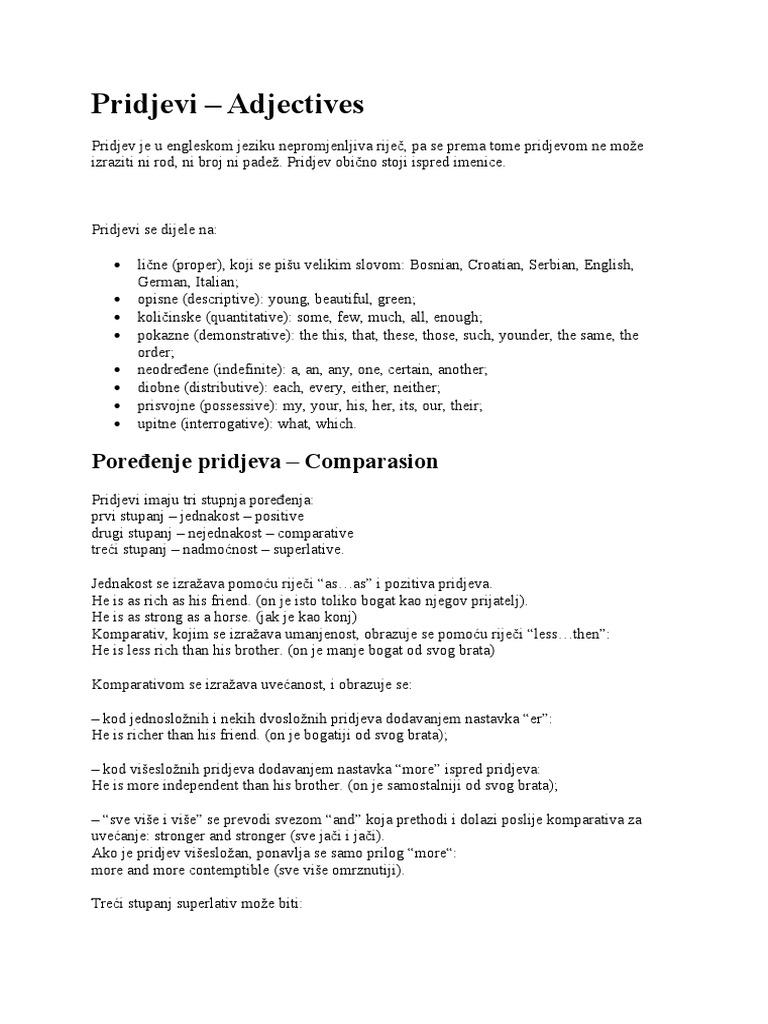 Pridjevi Adjectives | PDF