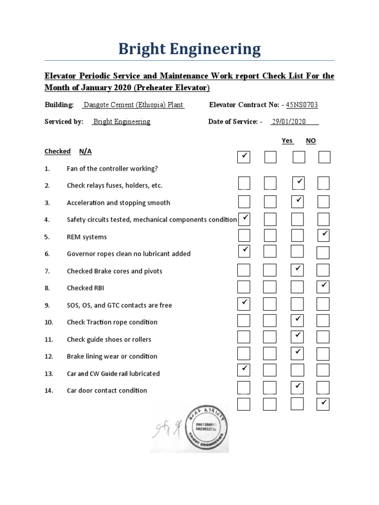 Preheater Elevator Work Report 3 Check List 45NS0702 | PDF | Elevator ...