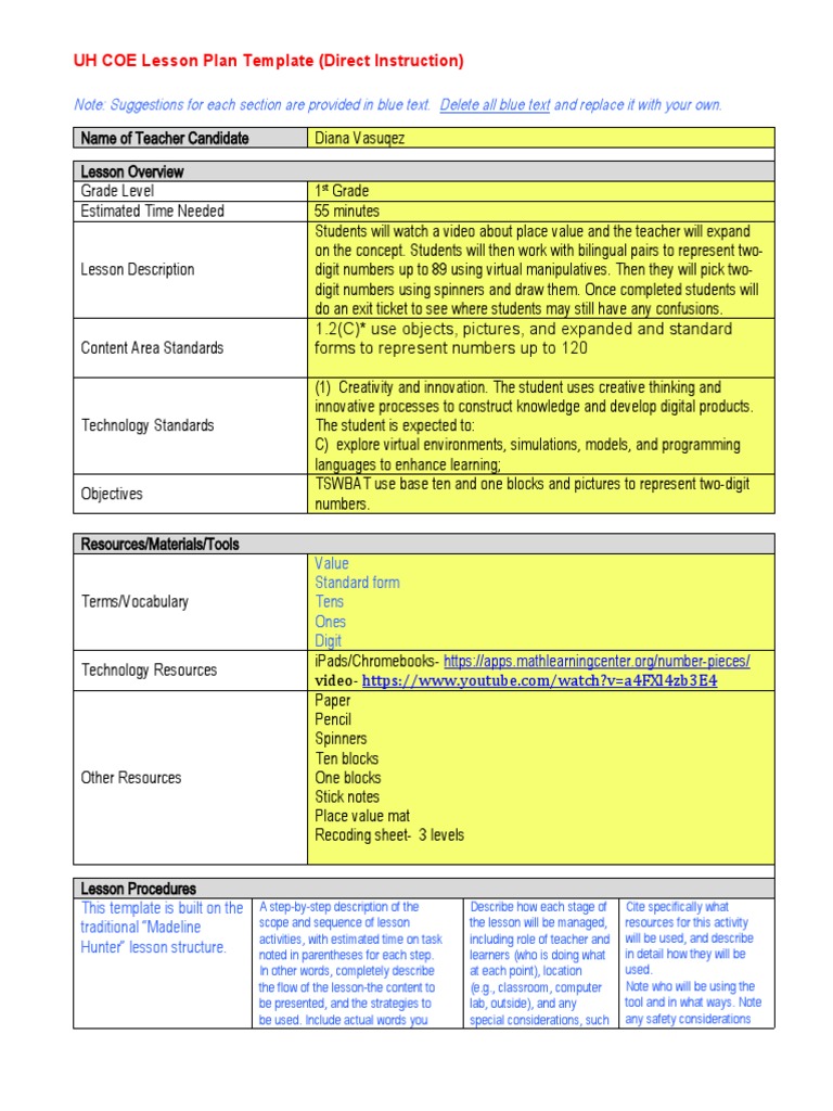 UH COE Lesson Plan Template (Direct Instruction) | PDF | Lesson Plan ...