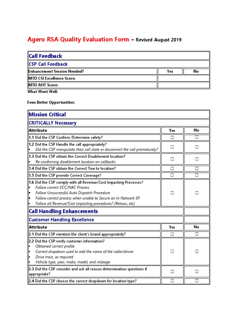 Agero RSA Quality Evaluation Form: Call Feedback | PDF | Business