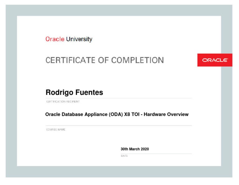 Course - Certificate - Oracle Database Appliance (ODA) X8 TOI ...