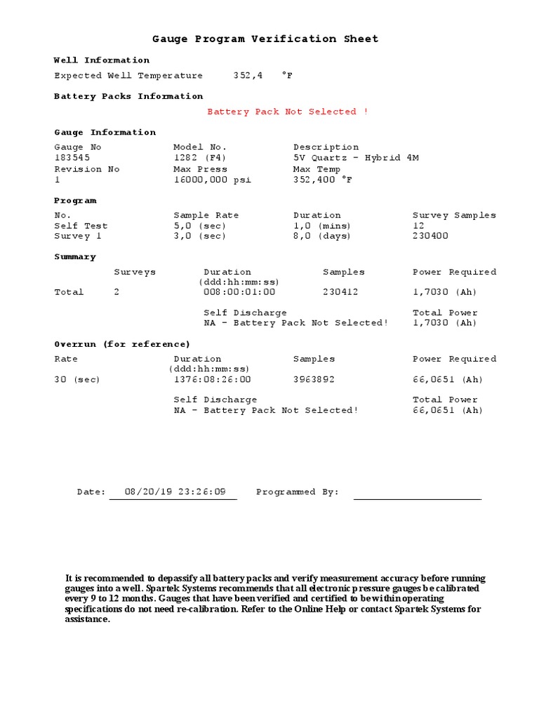 Gauge Program Verification Sheet: Battery Pack Not Selected ! | PDF