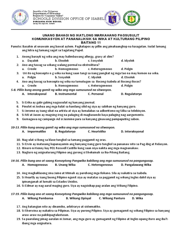 Filipino 11 Unang Yugto 3rd Grading