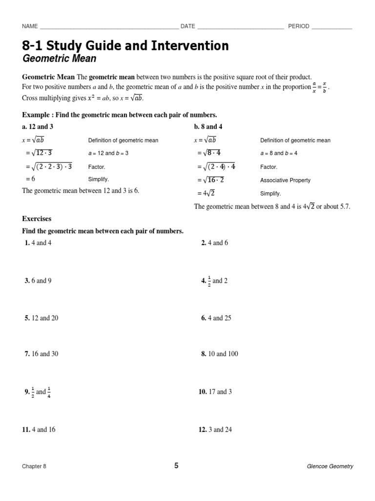 Worksheet 8 1 Geometric Mean Answer Key 8.G.A.1 Worksheets Common