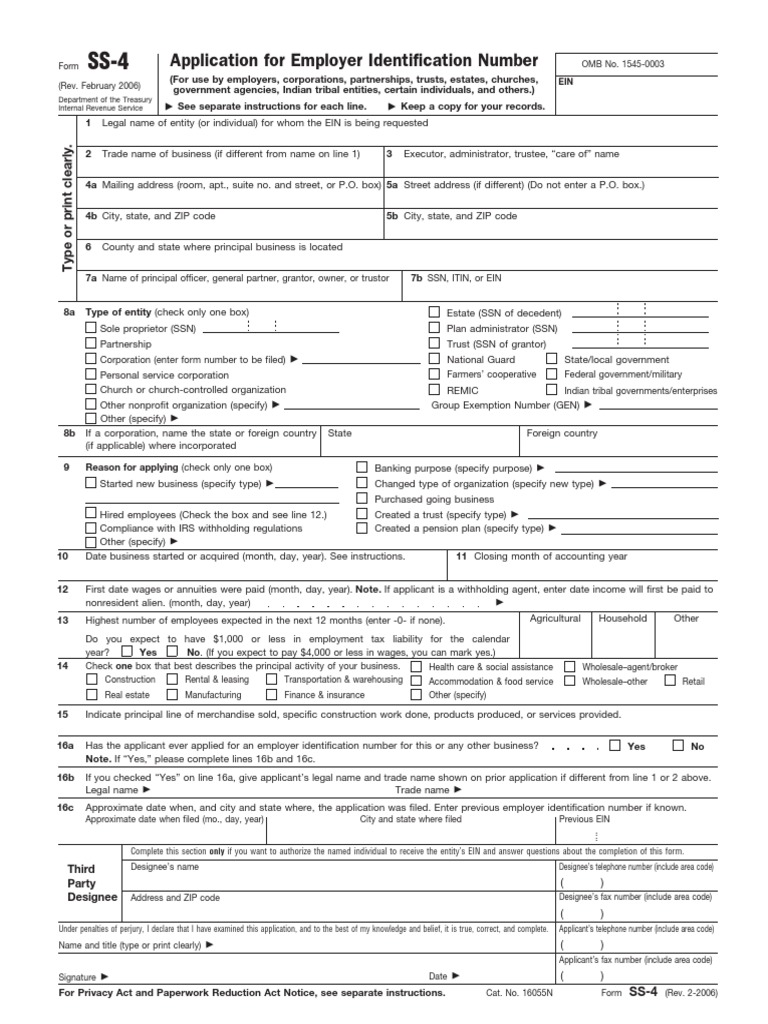 Application For Employer Identification Number: Action Date Signature ...