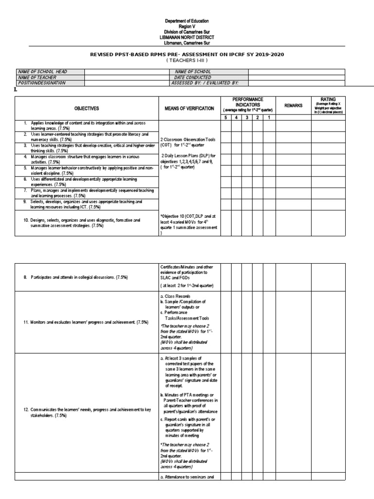 Revised RPMS Pre-Assessment for Teachers | PDF | Classroom ...